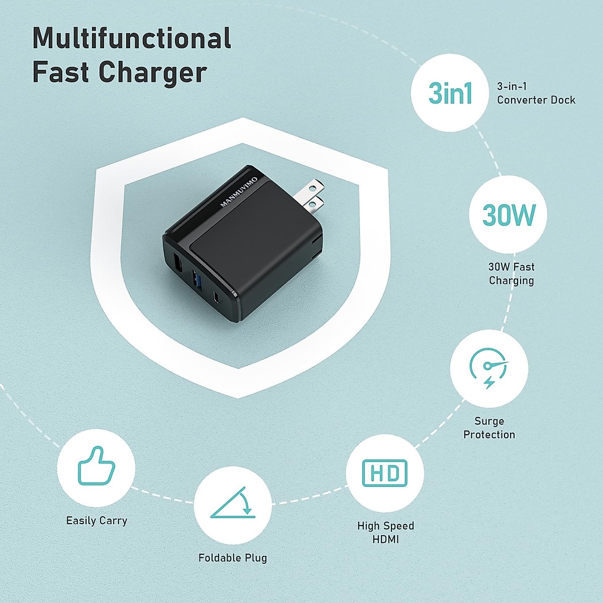 MANMUVIMO Switch Dock Charger HDMI Adapter for Nintendo Switch/OLED, Switch Docking Station Replacement for Original Dock Set, Portable 30W High-Speed with USB 3.0 Port, USB-C to USB-C Cable(Black)