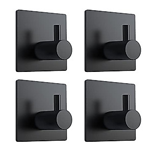 VIS'V Adhesive Hooks, Black Self Adhesive Towel Hooks Waterproof Shower Wall Stick on Hooks Heavy Duty Stainless Steel Bathroom Kitchen Sticky Hooks for Towel Robe Loofah Key Coat Bag - 4 Pcs