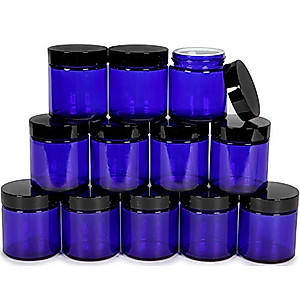 Vivaplex, 12, Cobalt Blue, 4 oz, Round Glass Jars, with Inner Liners and Black Lids