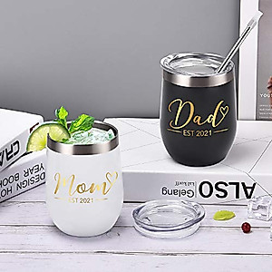 Homlouue New Parents Wine Tumbler Set, Mom Dad Est 2021 Tumbler Set for New Mom Baby Shower New Parents New Pregnancy Baby Announcement, 12 Oz Insulated Stainless Steel Wine Tumbler, Black and White