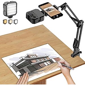 Overhead Phone Mount, Articulating Arm Cell Phone Holder with LED Light, Flexible Phone Stand for Live Streaming, Video Recording, Painting Lighting, Cooking