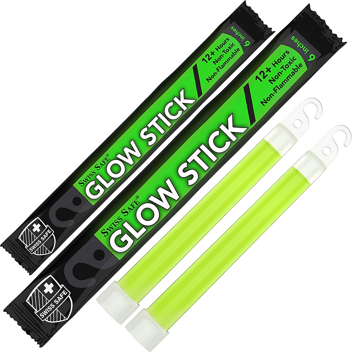 Swiss Safe Premium 6" Glow Sticks - Extra Bright, 12+ Hour Duration, Emergency Ready (Green 2-Pack)