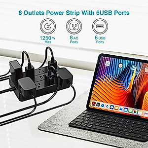 Power Strip with USB,SMNICE Surge Protector Flat Plug with 8 Widely-Spaced Outlets & 6 USB Ports, Wall Mountable 5ft Extension Cord for Smartphone Tablet Laptop Computer Multiple Devices Black