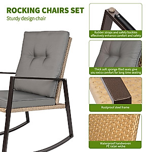 VSMKSJ 3 Pieces Patio Rocking Chairs Set of 2, Outdoor Wicker Patio Sets Conversation Coffee Table for Front Porch,Balcony,Garden,Poolside,Washable Cushion (Grey)