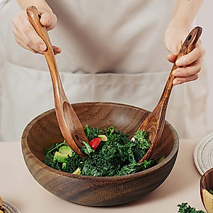 AOOSY Wooden Salad Bowls, Large Acacia Wood Salad Serving Bowl with Serving Tongs, 9.3" D x 2.8" H Round Bowls Set for Mixing Fruits Cereal Pasta
