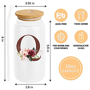 Birthday Gifts for Women, Personalized Gifts for Women, Monogrammed Initial Glass Cup - 16oz Glass Cups with Lids and Straws, Iced Coffee Cup, Beer Can Shaped Glass - Personalized Christmas Gifts Q