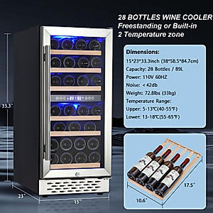 Garvee Wine Fridge, Wine Cooler Dual Zone 28 Bottles with Glass Door, Adjustable Shelves, Digital Temperature Control for Red, White and Champagne, Freestanding/Built-in