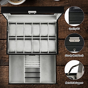 Ogrmar 12 Slot PU Leather Lockable Watch Storage Boxes, Men & Women Jewelry Display Drawer Case, 2-Tier Organizer Watch Showcase with Glass Lid