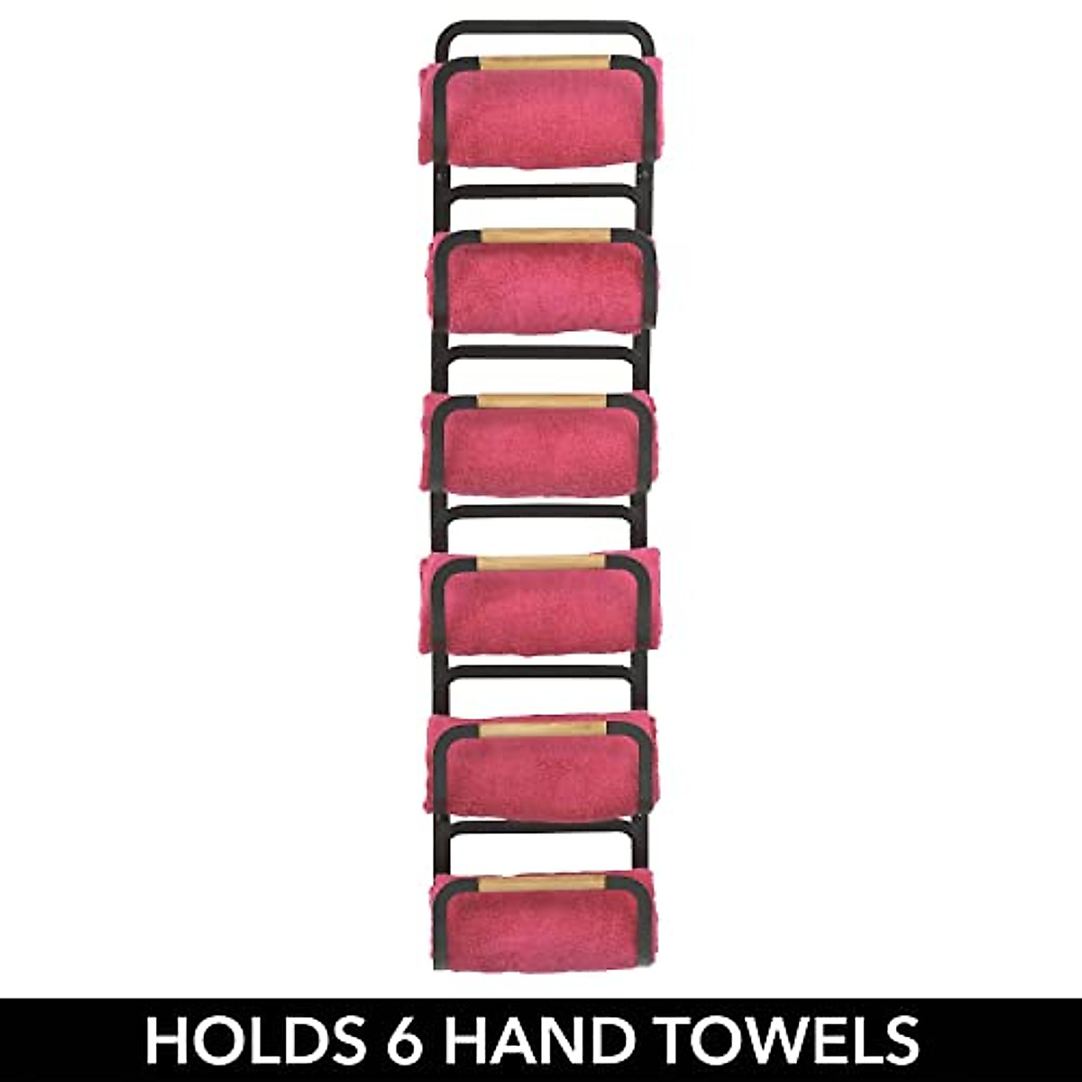 mDesign Wall Mount Towel Storage Rack for Bathroom - 6-Tier Hanging Organizer Mounted Holder Shelf for Multiple Bath Towels or Robes - Steel Metal and Wood - Yami Collection - Matte Black/Natural