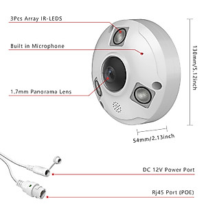Vonnision 4K POE IP Fisheye Camera, 1.7mm Lens, 49ft Infrared, WDR, Metal housing, IP66 Water-Proof Indoor&Outdoor Panoramic Security Camera(Compatible with Hikvision/Dahua NVRs)