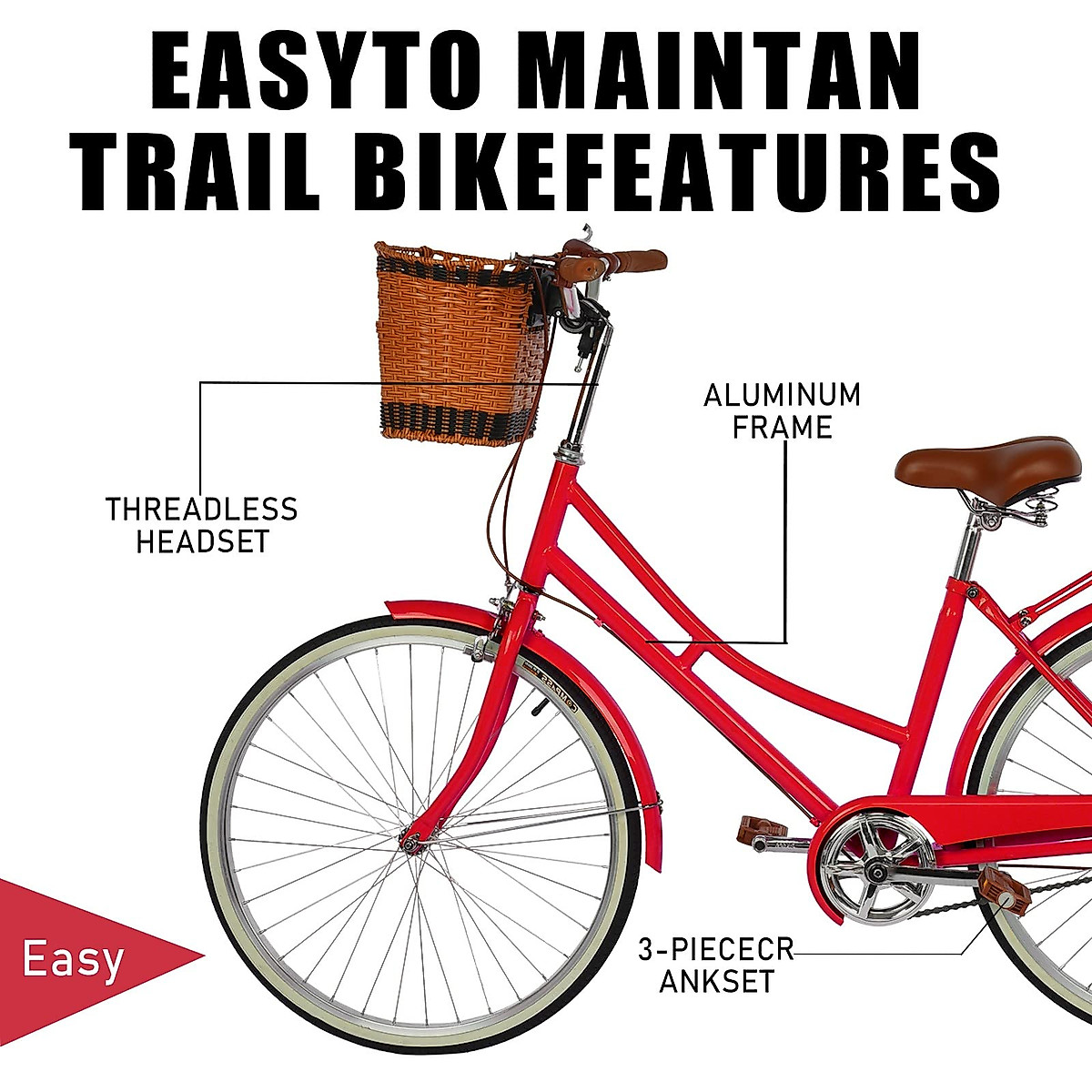 26-inch Single Speed Classic Bicycle Ladies' Retro Beach Cruiser Bicycle with Knitted Basket & Foam Rear Seat Dual Springs High Carbon Steel Shock-Absorbing Frame Adult Bicycle