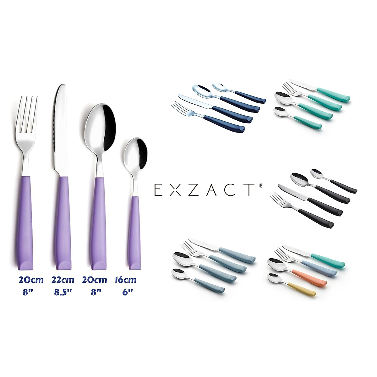 EXZACT Cutlery Set Coloured 16PCS - Stainless Steel with Plastic Wide Handles – Comfortable to Hold - 4 x Forks, 4 x Dinner Knives, 4 x Dinner Spoons, 4 x Teaspoons – Service for 4