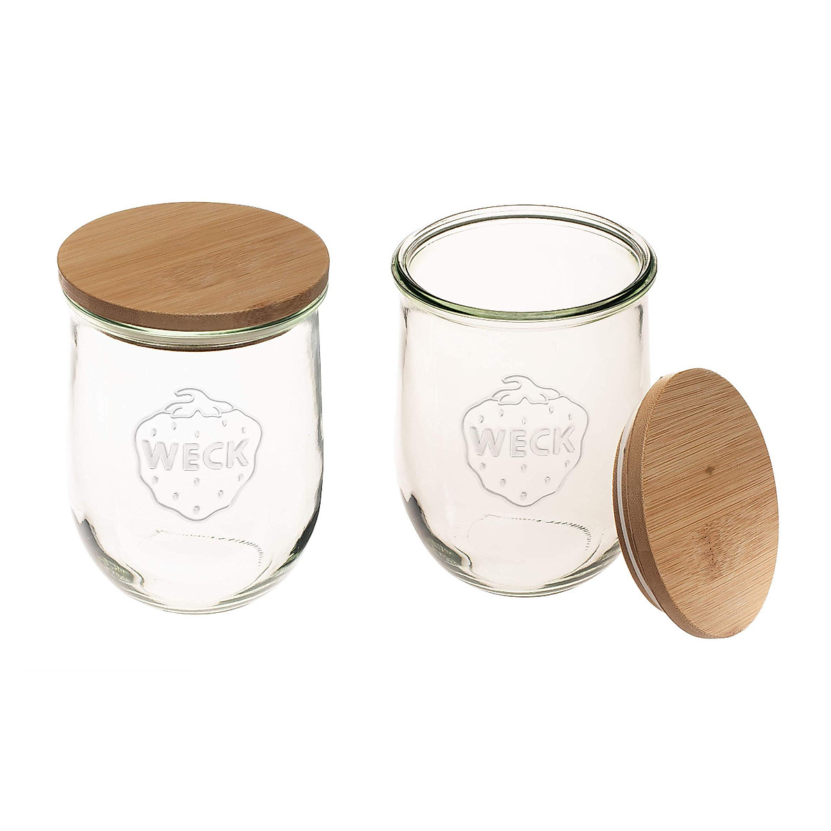 Weck Jars - 33.8 fl. oz Weck Tulip Jars 1 Liter - Sour Dough Starter Jars - Large Glass Jars for Sourdough Suitable for Canning and Storage - (2 Jars, Glass Lids & Wooden Lids)