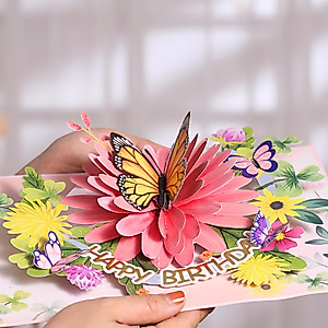 Pop Up Birthday Cards For Women&Wife, Beautiful Flowers and Monarch Butterfly, Elegant, Floral 3D Happy Birthday Greeting Cards, Ideal Gift for Mom, Sister, Her, Grandma, Aunt, Daughter, Stepmother