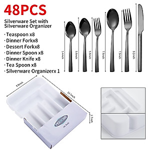 48 Piece Black Silverware Set for 8, RAEEK Stainless Steel Cutlery Flatware Set with Organizer, Mirror Polished Kitchen Utensils Tableware Sets, Include Fork Knife Spoon Set