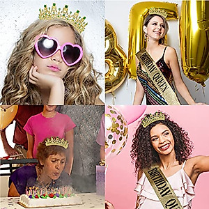 SuPoo Gold Birthday Crown and Sash Kit Birthday Sash for Women Green Birthday Tiara for Women Rhinestones Golden Crown with Comb