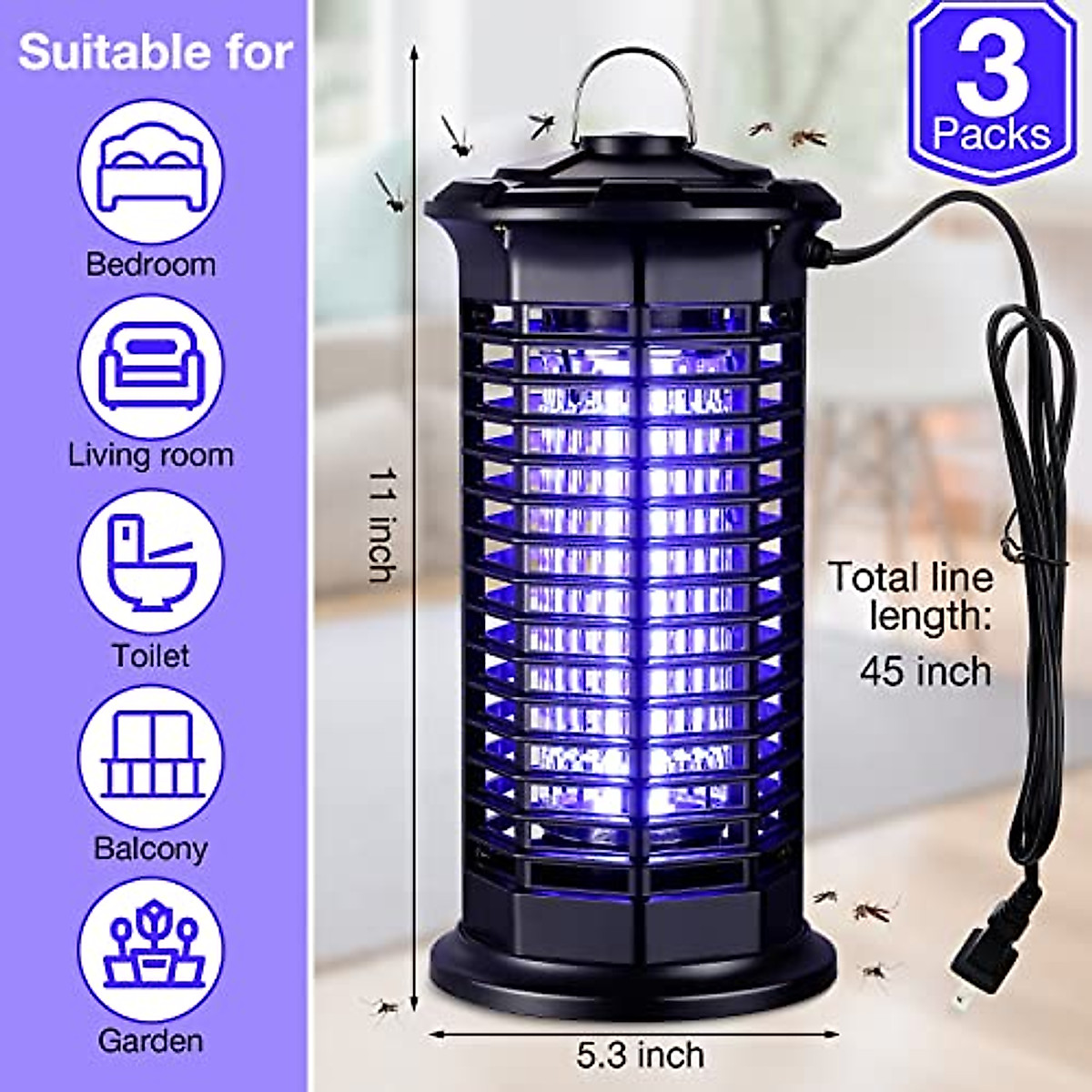 3 Pieces Bug Zapper Outdoor Indoor with Light Electric Mosquito Zappers Killer Electric Insect Fly Trap Insect Killer Insect Catcher for Home for Patio Bedroom Bathroom Living Office Courtyard