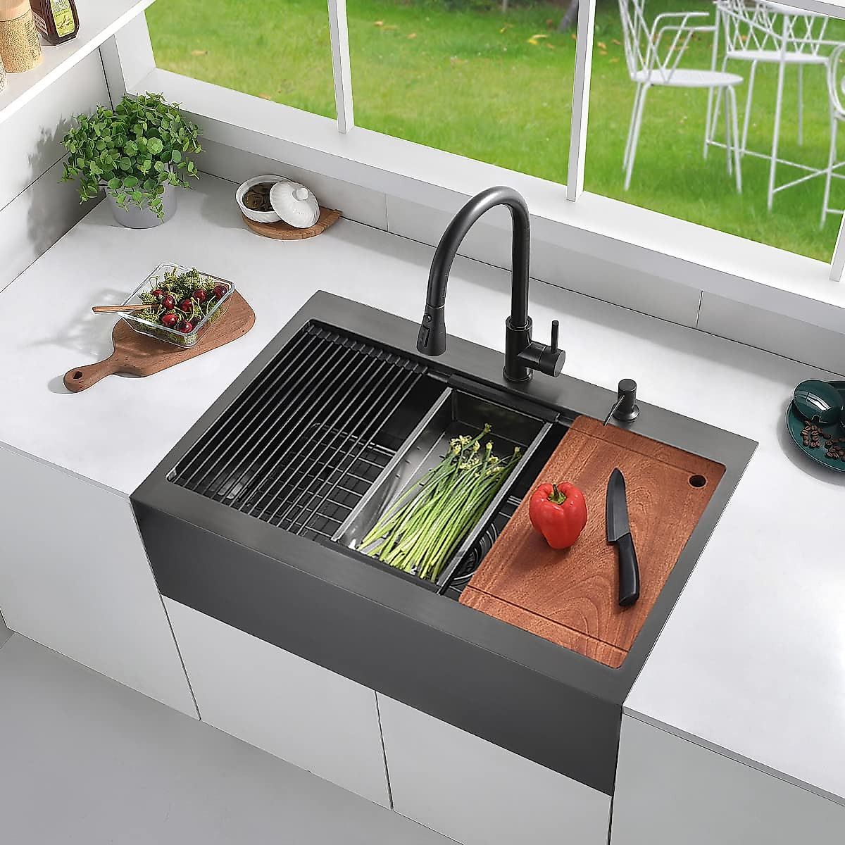 33 Inch Black Drop in Farmhouse Sink, Luckyhorse 33x22x10 Inch 16 Gauge Black Stainless Steel Topmount Workstation Apron Front Kitchen Sink with Accessories LH010S