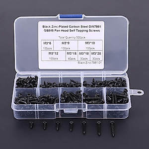 Button Head Screws, 500PCS M3 Cross Drive Button Head Self-Tapping Screws Fastener Assortment Set with Plastic Box Head Bolts Stainless Button Head Screws (Black Carbon Steel)