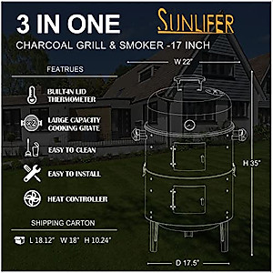 SUNLIFER Portable Charcoal BBQ Grill: Outdoor Small Charcoal Grills with Meat Smoker Combo for Backyard Patio Barbecue | Outdoor Smoking | Camping BBQ | Outside Cooking