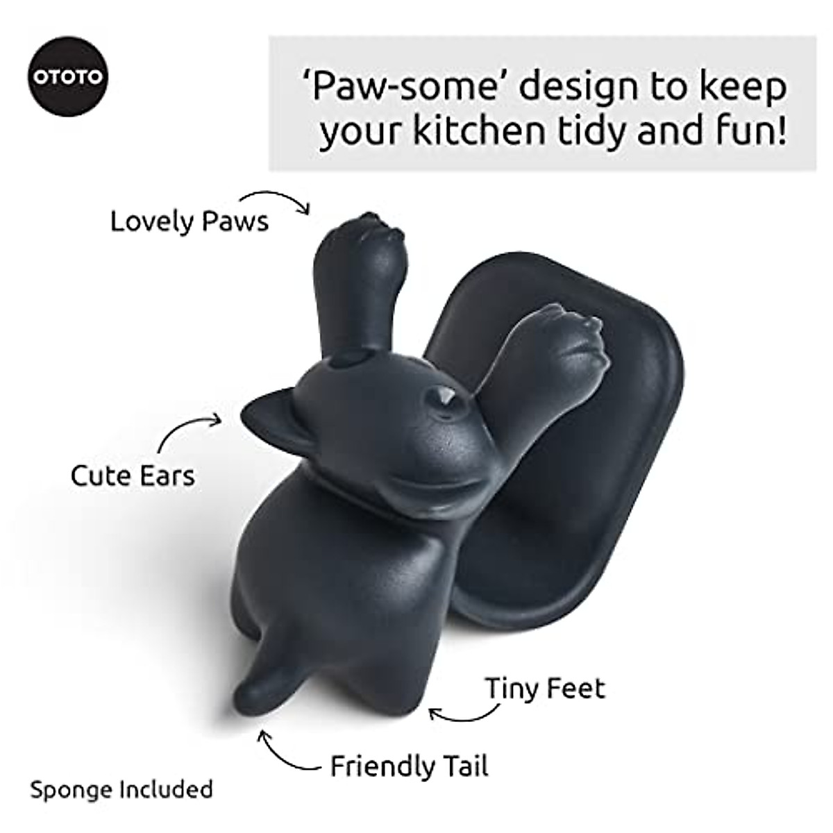 OTOTO Scrubby Sponge Holder for Kitchen Sink - Gray Cat Kitchen Sponge Holder - Dishwasher Safe Dish Sponge Organizer- Rust-Free - 3.9x3.1x3.9 inches