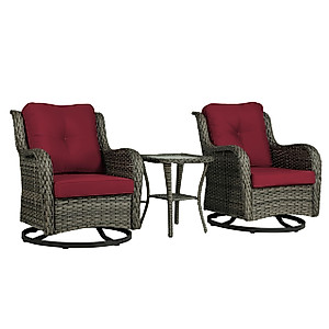 UIXE 5 Pieces Outdoor Patio Furniture Bistro Sets with 360° Swivel Rocking Chairs with Side Table, PE Rattan Rocker Chair Glider Seating Conversation Set for Backyard, Deck, Porch, Red