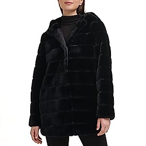 Kenneth Cole Women's Classic Style Faux Fur Coat, Hooded Mink Black, Large