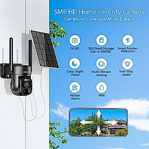 3K 5Dbi Solar Security Cameras Wireless Outdoor Cameras for Home Security, 5MP 4X Digital Zoom 360° PTZ Battery Powered WiFi Camera with Spotlight Siren,Color Night Vision,Motion Detection,2-Way Audio