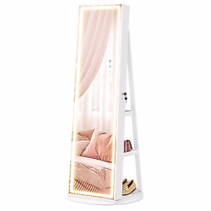 SONGMICS LED Mirror Jewelry Cabinet Standing, Lockable Jewelry Armoire with Full-Length Mirror and Adjustable LED Lights, Space-Saving Jewelry Organizer with Mirror, Gift Idea, Cloud White UJJC008W01
