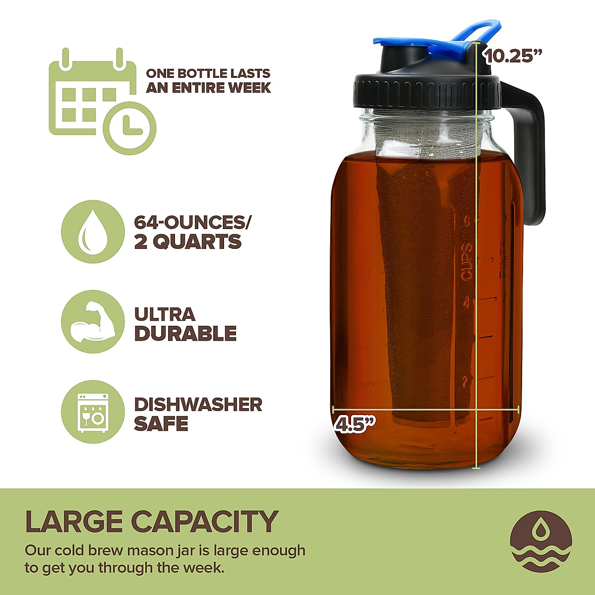 Modern Innovations Cold Brew Mason Jar (64 oz) Ice Coffee Making at Home, 2 Quart Cold Brew Maker for Iced Coffee and Tea, Cold Brew Glass Pitcher with Stainless Steel Filter, Cold Brew Coffee Maker