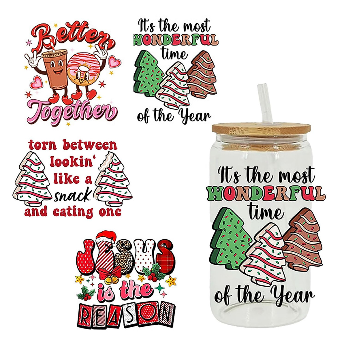 UV DTF Cup Wrap Transfer for Glass, 4 Sheet Rub on transfers for Crafts Christmas Iron-on Decals, Merry Christmas Rub on Transfer Stickers, Glass Cups Furniture DIY Crafts, Waterproof Ready to Press
