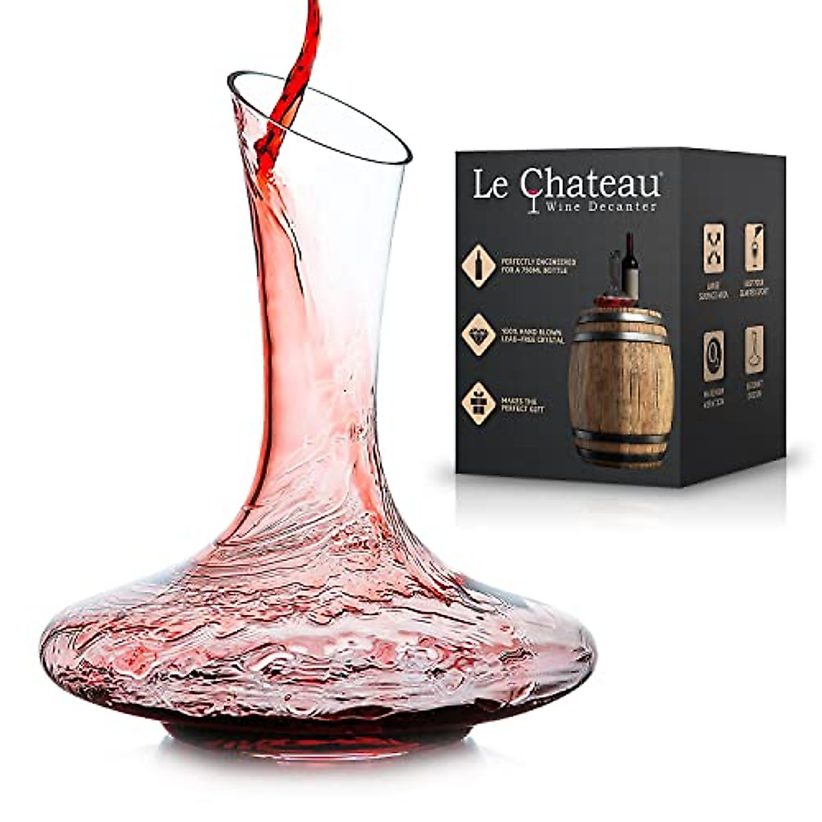 Le Chateau Wine Decanter - Hand Blown Lead-free Crystal Glass Wine Decanters and Carafes - Full Bottle (750ml) Wine Pitcher Aerates Wine for Maximum Aroma and Taste - Large Decanter Wine Aerator