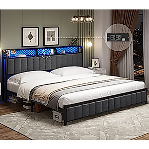 BTHFST King Size Bed Frame with LED Light Headboard, USB Ports & Outlets, Upholstered King Platform Bed Frame with Channel Tufting Design, Upgraded 2-Row Mid-Beams, Dark Grey