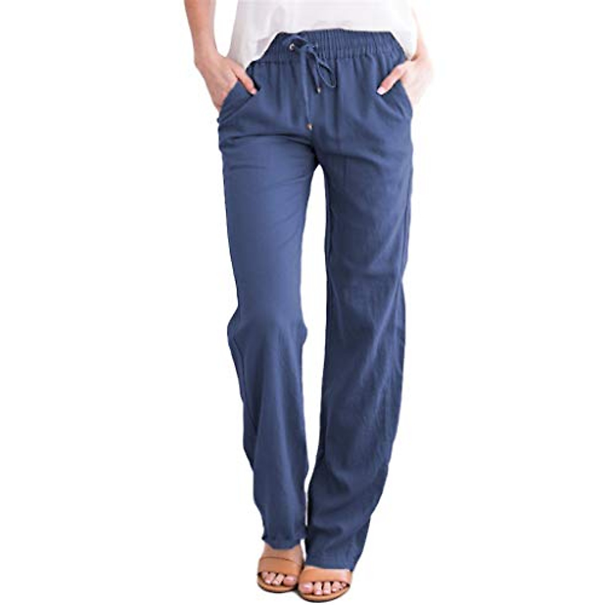 Womens Palazzo Linen Pants Wide Leg High Waisted Drawstring Casual Long Trousers Comfy Elastic Waistband Pants (Blue,Small)