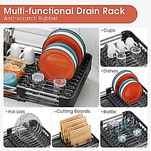 TOOLF Extendable Dish Rack, Dual Part Dish Drainers with Non-Scratch and Movable Cutlery Drainer and Drainage Spout, Adjustable Dish Drying Rack for Kitchen, 1 Piece Black