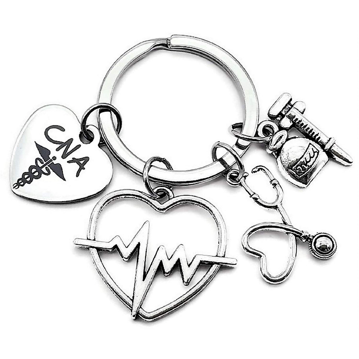 CNA Certified Nursing Assistant Keychain, CNA Keychain, ECG, EKG Hearbeat Charm, Stethoscope, Syringe, Caduceus Medical Symbol Keychain, Nursing School, Medical Student Gift, CNA Key Ring