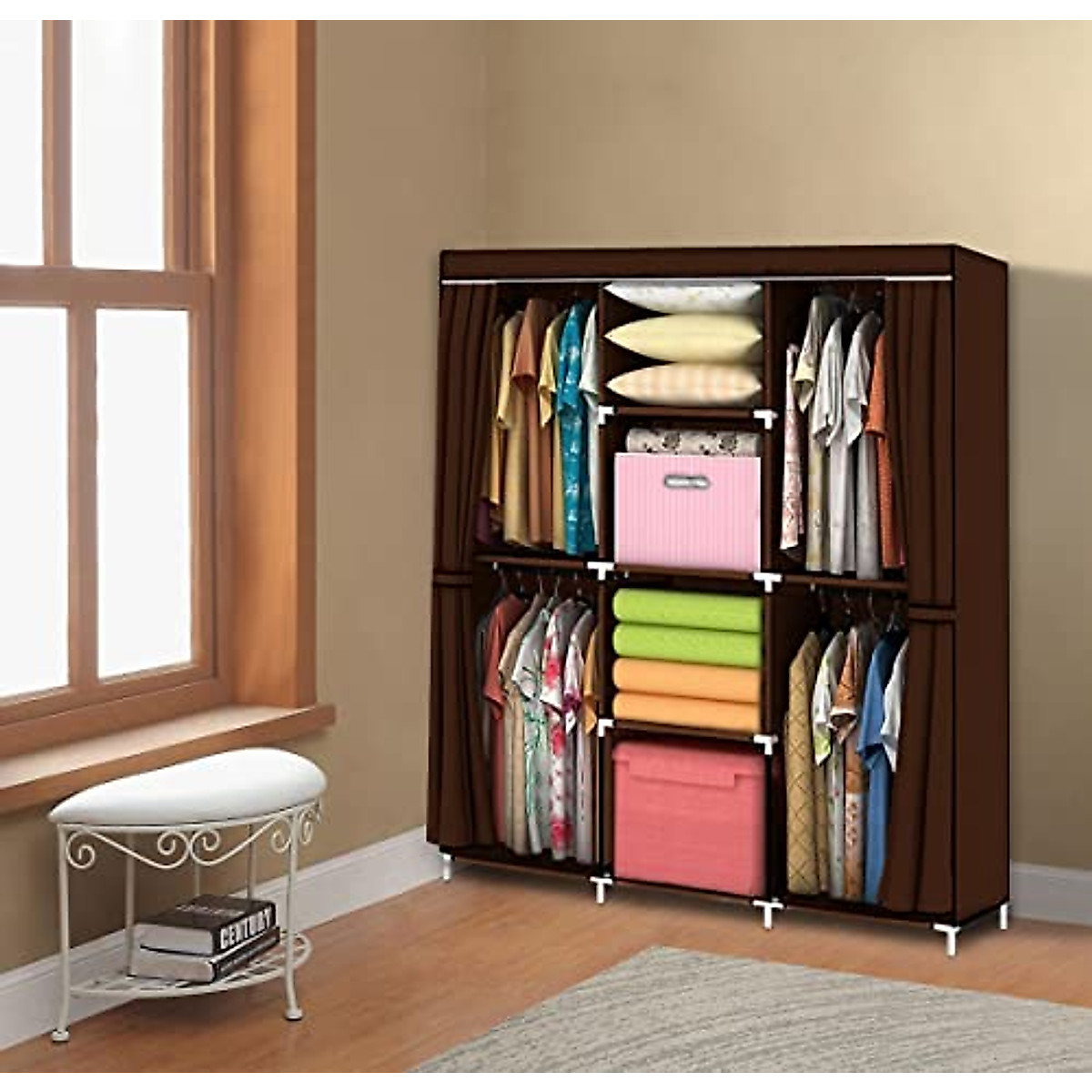 YOUUD Portable Closet 50 Inch Wardrobe Closet for Hanging Clothes with Non-Woven Fabric Cover, 4 Hang Rods and 4 Clothes Storage Organizer Shelves, Brown Clothes Closet Quick and Easy Assembly