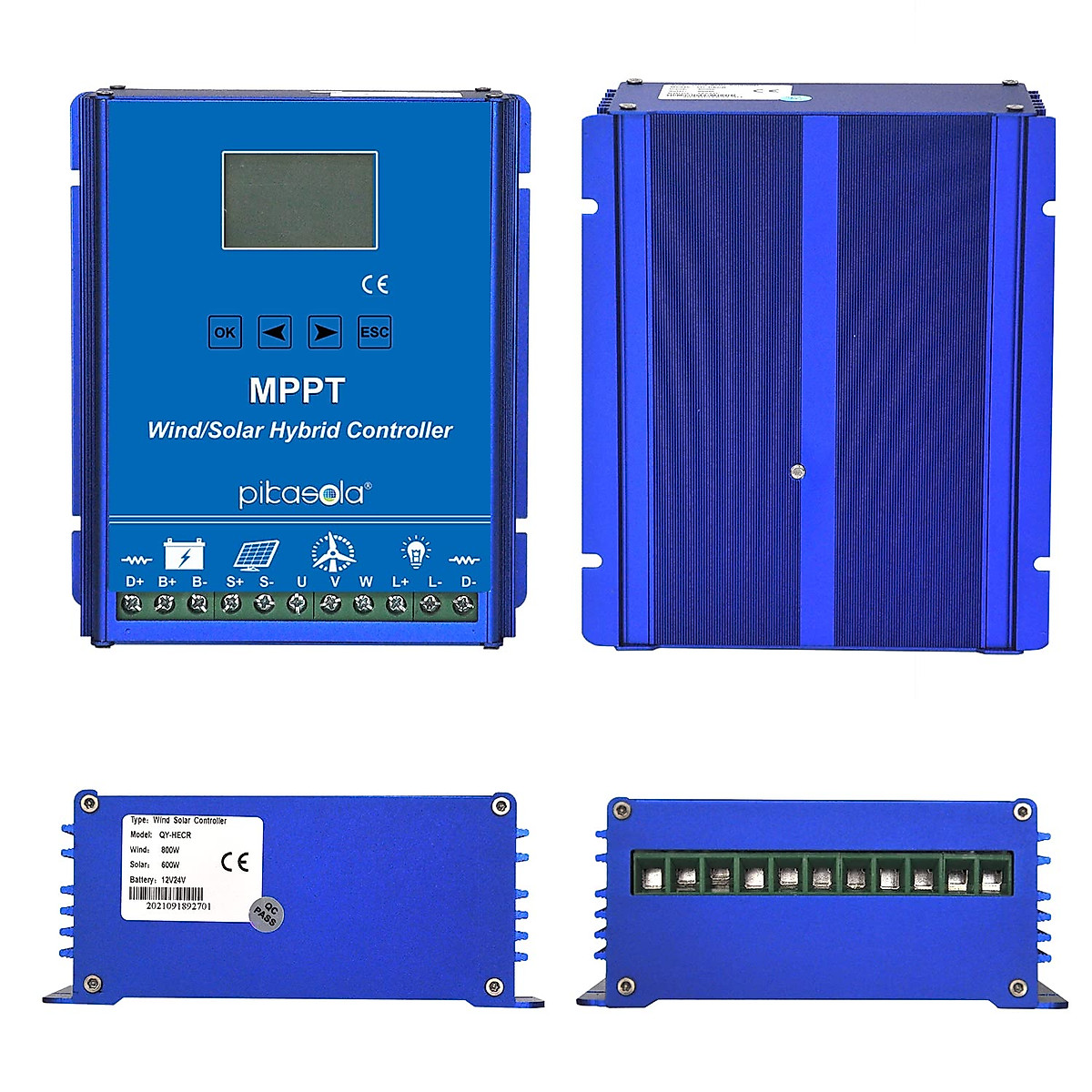 PIKASOLA 1400W Off Grid with Unloader Hybrid Wind Solar Controller Auto 12/24V Battery MPPT Charge Boost Float of max 800w Wind Turbine Generator 600w Solar Panel Home Street Light Controller