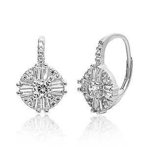 Mia Sarine Rhodium Plated 925 Sterling Silver Cluster Drop Antique Look Cubic Zirconia Leverback Earrings for Women White