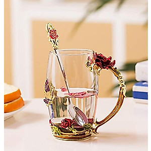 Guon-Wuvl Handicraft Crystal Glass 3D Flower Cups Tea Mug With Tea Spoon Women Coffee, Tea, Juice, Beer, Milk Hot And Cold Drinks Use Gift Package. (Rose Red Coffee Cup, 12 OZ)