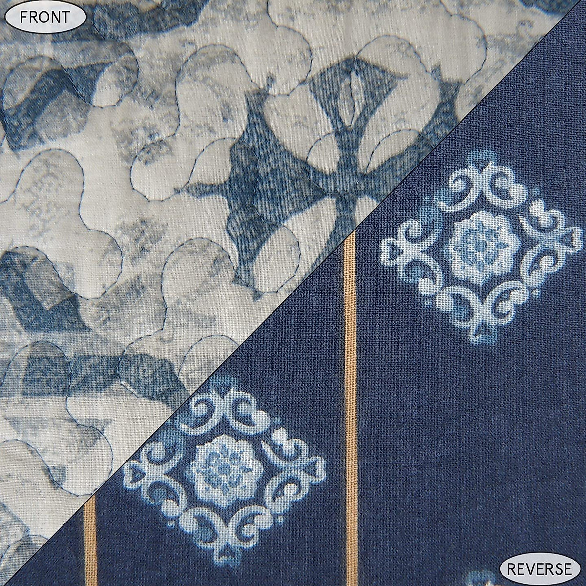 HiEnd Accents Skyler 3 Piece Quilt Set with Pillow Shams, Super Queen Size, Cotton Reversible Luxury Bedding, Blue Medallion Striped Coastal Style Bed Set, 1 Quilt and 2 Pillowcases