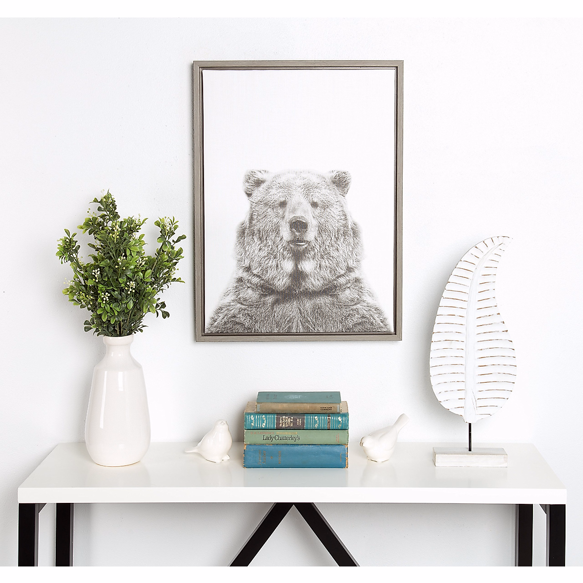 Kate and Laurel Sylvie Bear Animal Print Black and White Portrait Framed Canvas Wall Art by Simon Te Tai, 18x24 Gray