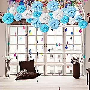 18pcs Tissue Hanging Paper Pom-poms, Hmxpls Flower Ball Wedding Party Outdoor Decoration Premium Tissue Paper Pom Pom Flowers Craft Kit (Blue & White), 8"/ 10"/ 12"