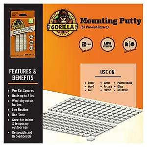 Gorilla Mounting Putty, Natural Tan Color, 168 Pre-Cut Squares (Pack of 1) - Non-Toxic Removable & Repositionable Wall Putty