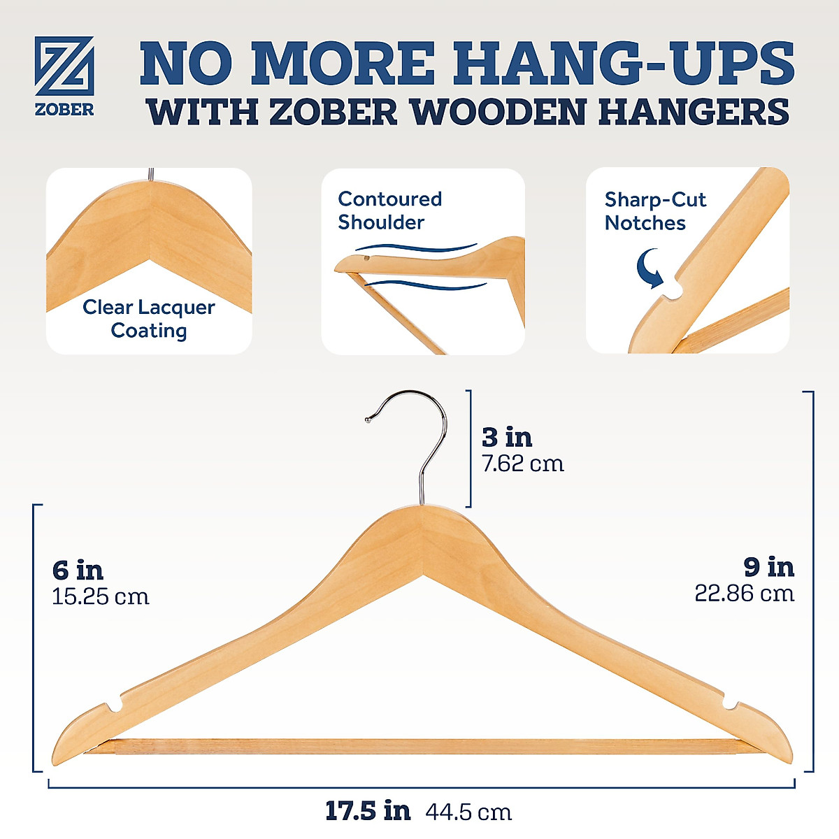 Zober Wooden Hangers 20 Pack - Non Slip Wood Clothes Hanger for Suits, Pants, Jackets w/ Bar & Cut Notches - Heavy Duty Clothing Hanger Set - Coat Hangers for Closet - Natural