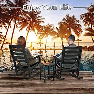 HOPUBUY Outdoor Rocking Chair Set of 3 with Cushion, HDPE Patio Rocking Chair, All Weather Resistant Rocker Chairs for Porch Garden Yard Living Room, Black