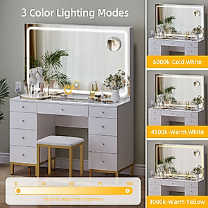 YITAHOME Vanity Desk Set, with XL LED Lighted Mirror Magnifying Glass & Power Outlet, 9 Drawers Makeup Vanities Dressing Table with Stool, White, 47 Inches