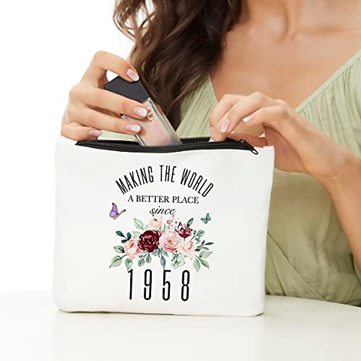 JIUWEIHU 65th Birthday Gifts for Women, 65th Birthday Decorations Present, 65 Year Old Birthday Gift Ideas for Sisters, Friend, Coworker, Grandma, Mom, Boss – Since 1958 Makeup Bag