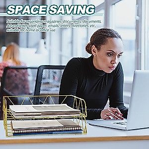Yeaqee 4 Tier Stackable Paper Tray Gold Desk Organizer Rack Metal Letter Desk File Organizer Horizontal Holder File Trays for Desk Office Desktop School Supplies and Accessories