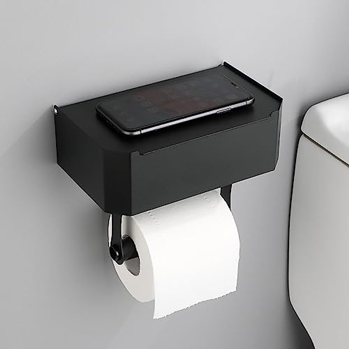 Stainless Steel Toilet Paper Holder with Shelf | Wall Adhesive Toilet Paper Storage | Bathroom Tissue Roll Holder with Wipes Organizer for Convenient AccessOrganizer